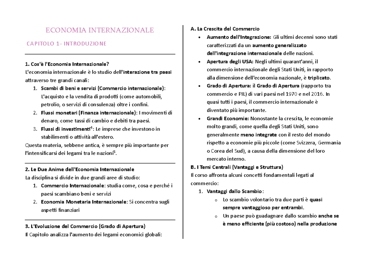 ECONOMIA INTERNAZIONALE CAPITOLO 1: Introduzione e Fondamenti - Studocu