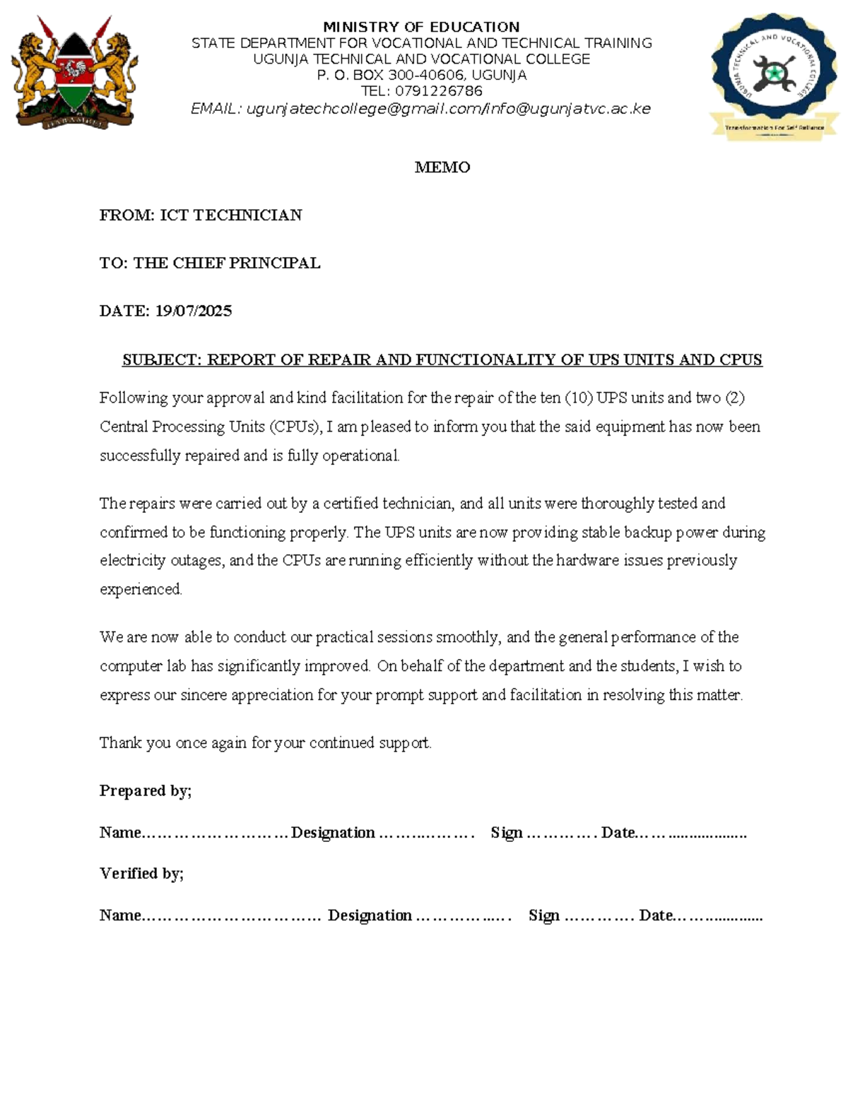 Report on Repair and Functionality of UPS & CPUs - Memo - Studocu