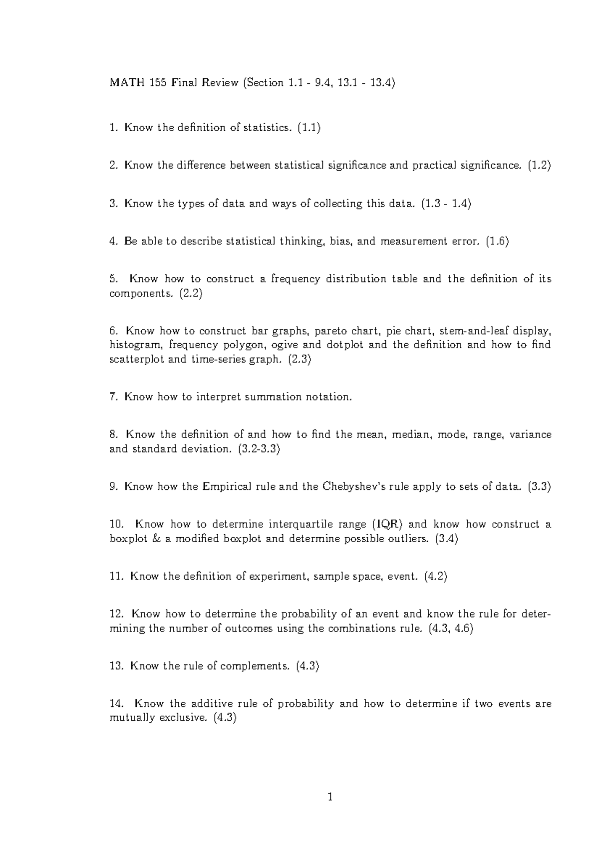 MATH 155 Final Review - Key Topics for Exam Preparation - Studocu