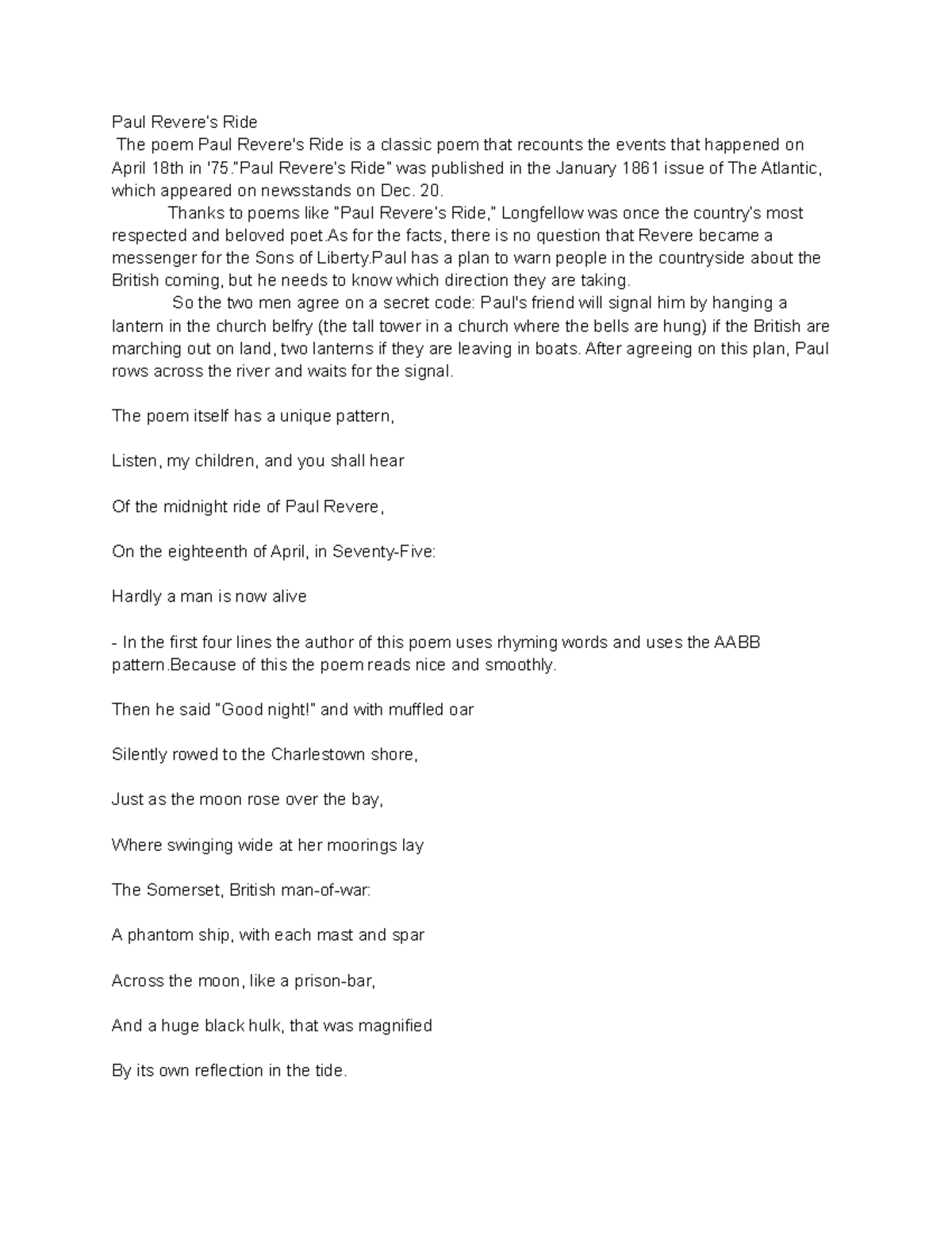 Paul Revere’s Ride Analysis - English Homework Assignment - Studocu