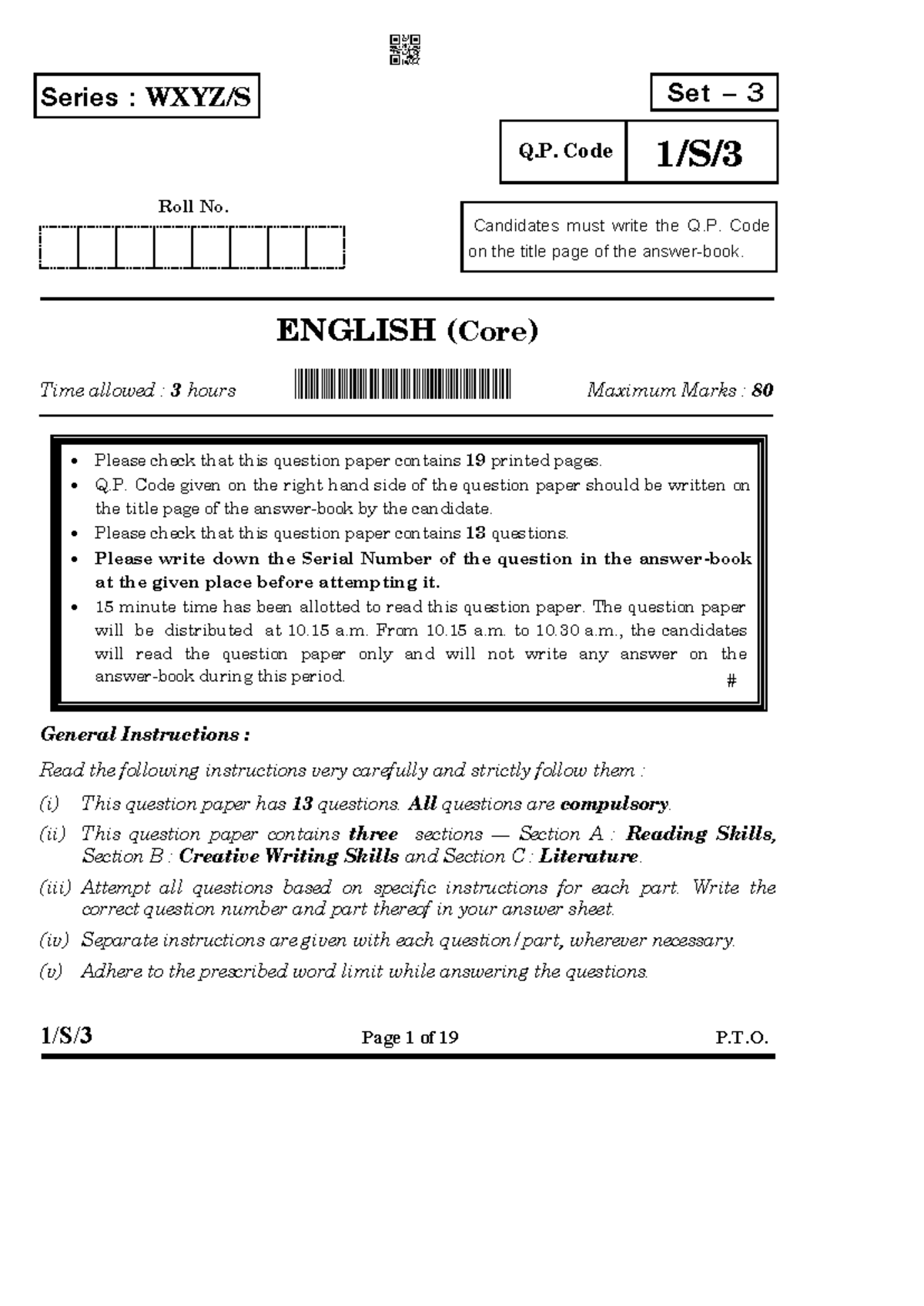 1-S-3 English Core: Question Paper & Instructions for Candidates - Studocu