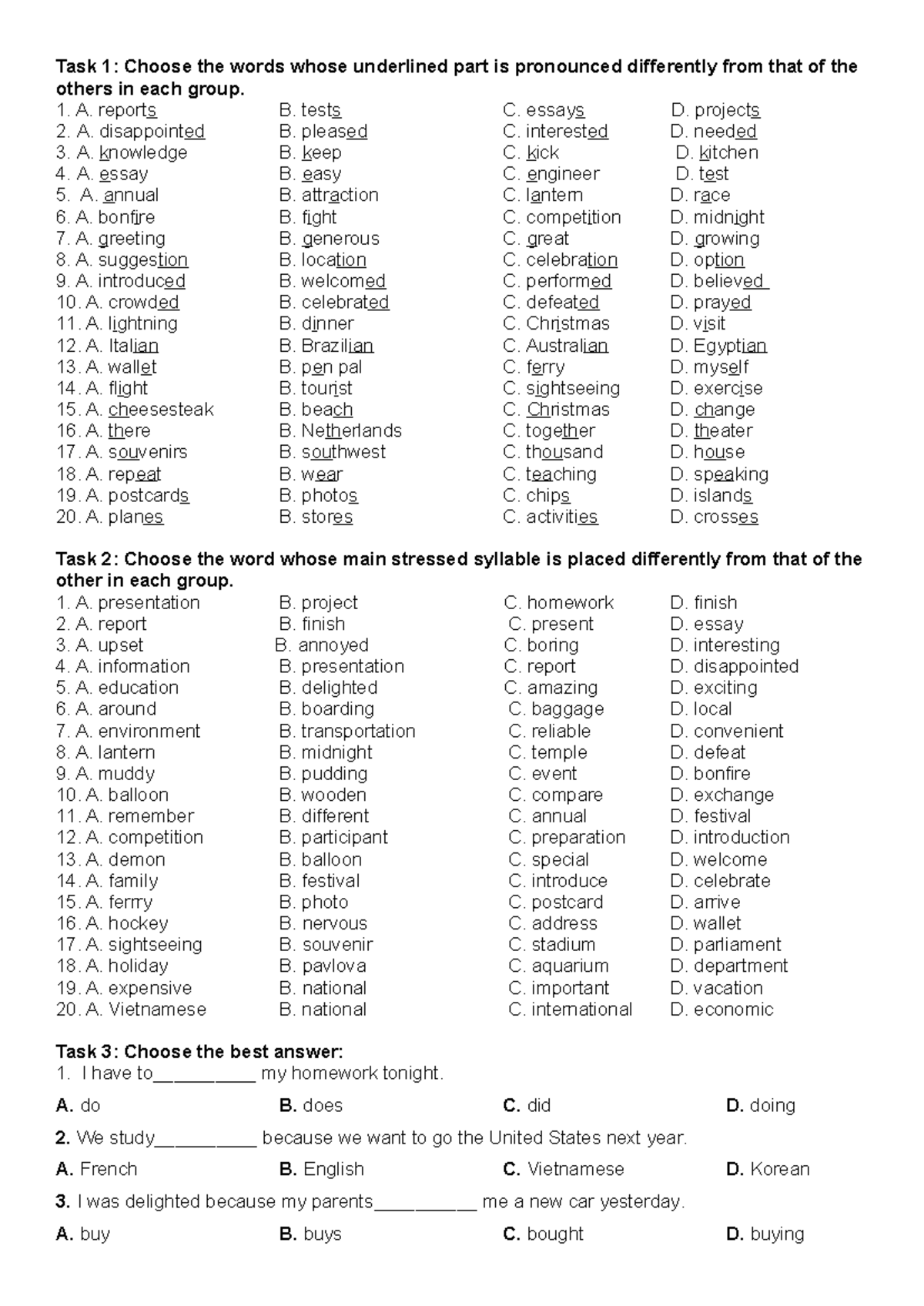 Task 1: Pronunciation Differences in English Words - ESL Practice ...