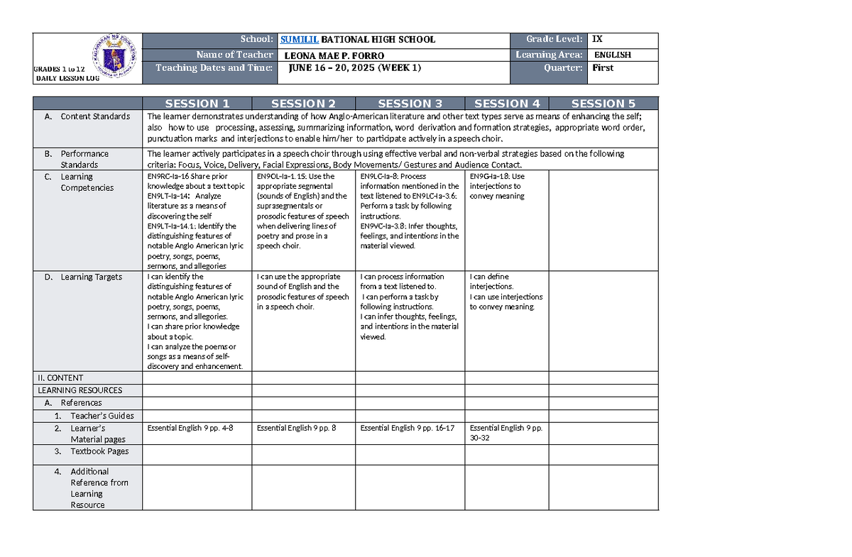DLL English 9 Q1 W1: Daily Lesson Log for Speech Choir Activities - Studocu