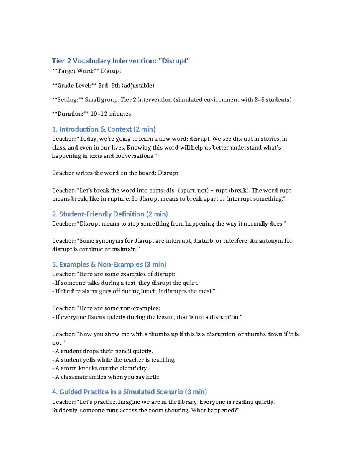 Tier 2 Vocabulary Intervention: Disrupt Script for Small Groups - Studocu