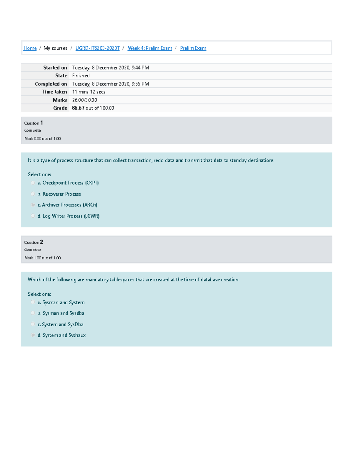 Database Management System 2 Prelim Exam Attempt review - Home/My ...