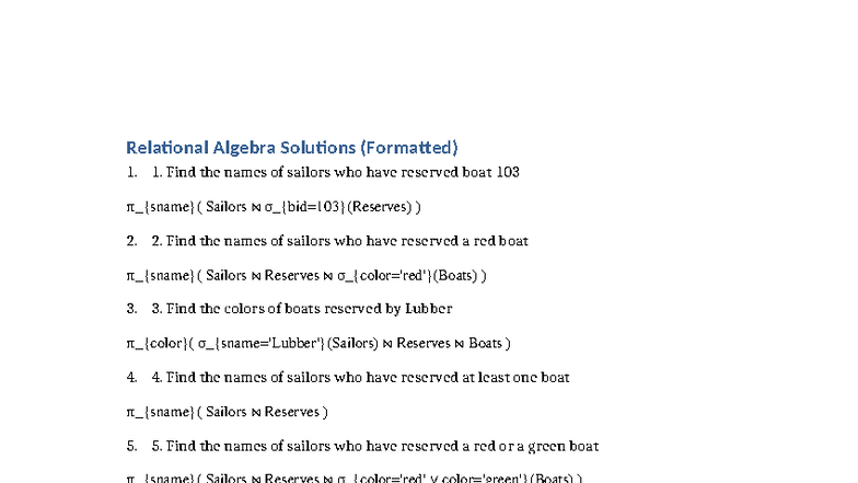 Relational Algebra Solutions for Sailors and Boat Reservations - Studocu