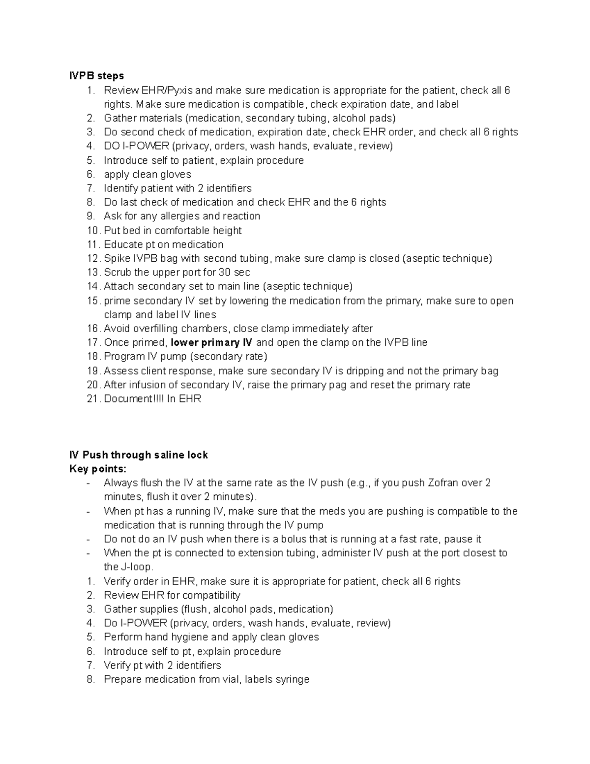 Summary of IVP IVPB - Lab - IVPB steps 1. Review EHR/Pyxis and make ...