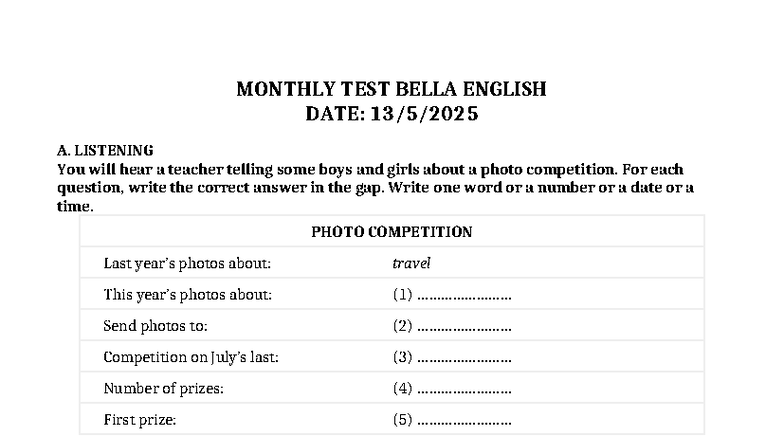 MONTHLY TEST BELLA ENGLISH (6) - Listening & Grammar Practice - Studocu