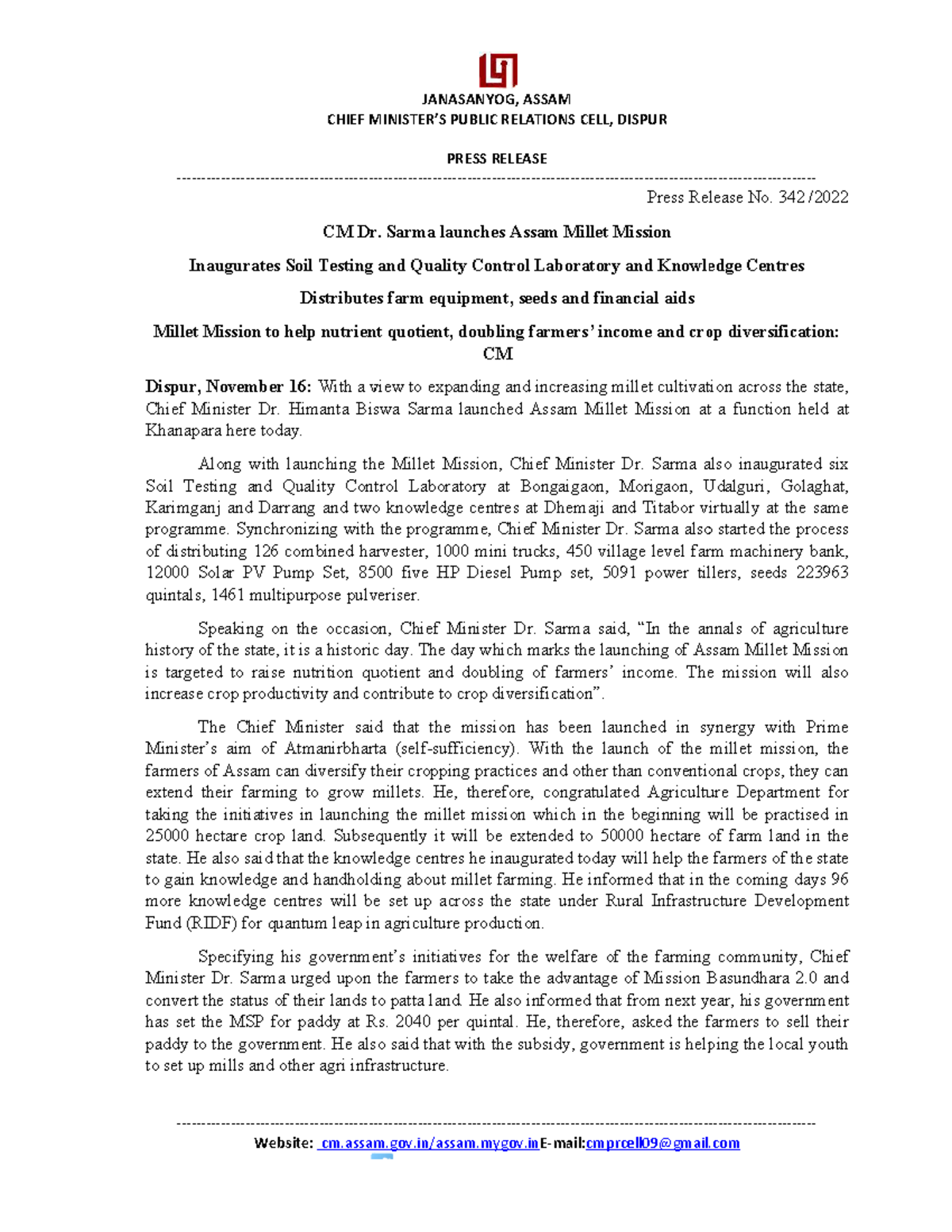 CM Dr. Sarma Launches Assam Millet Mission - Press Release No. 342 ...