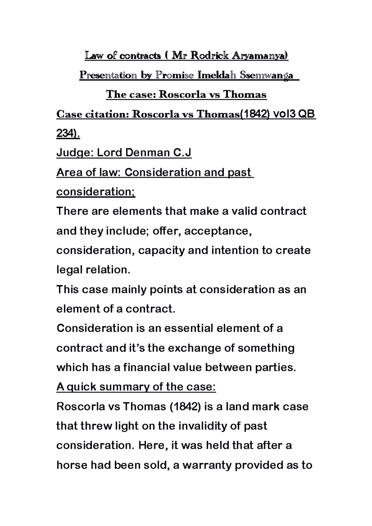 Law of Contracts Presentation: Roscorla vs Thomas Case Analysis - Studocu