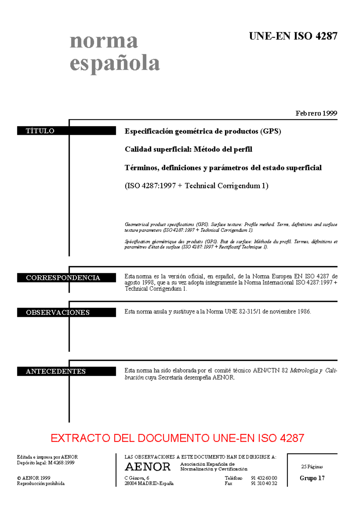 **Norma UNE-EN ISO 4287: Especificación Geométrica de Productos (1999 ...