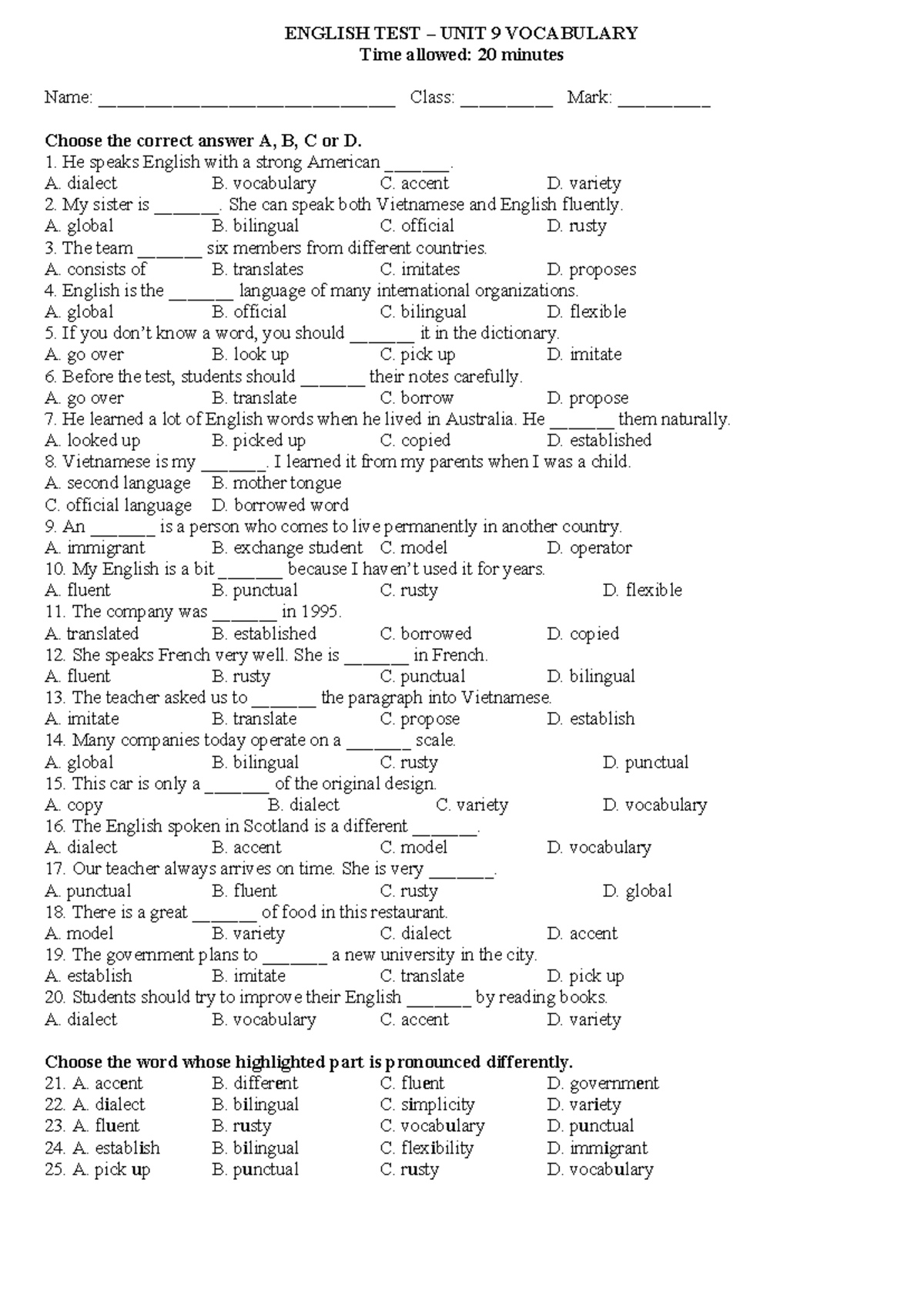 ENGLISH TEST UNIT 9 VOCABULARY - Unit 9 Vocabulary Test - Studocu
