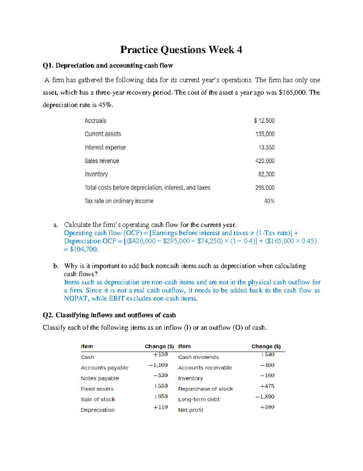 Solution to Practice Questions Week 4: Depreciation & Cash Flow ...