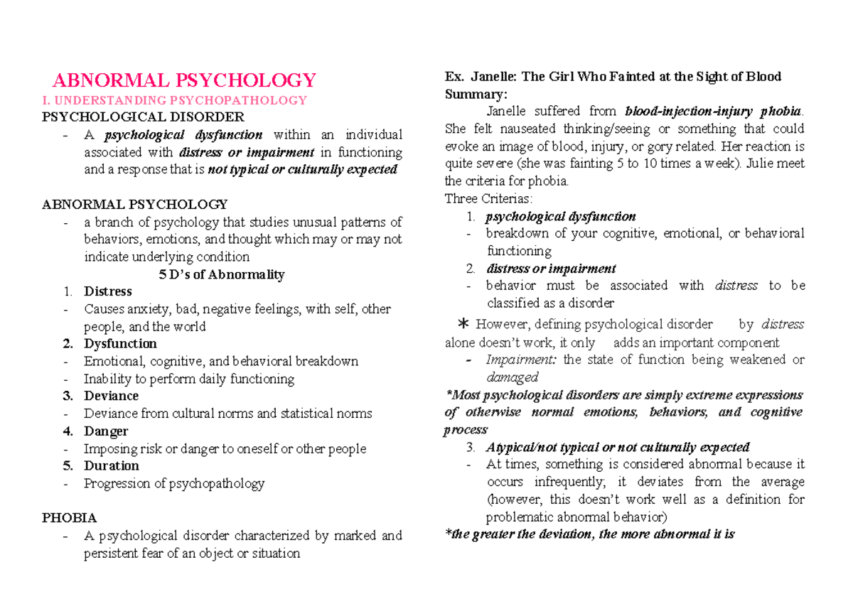 ABNORMAL PSYCHOLOGY I: INSIGHT INTO PSYCHOPATHOLOGY AND DISORDERS - Studocu