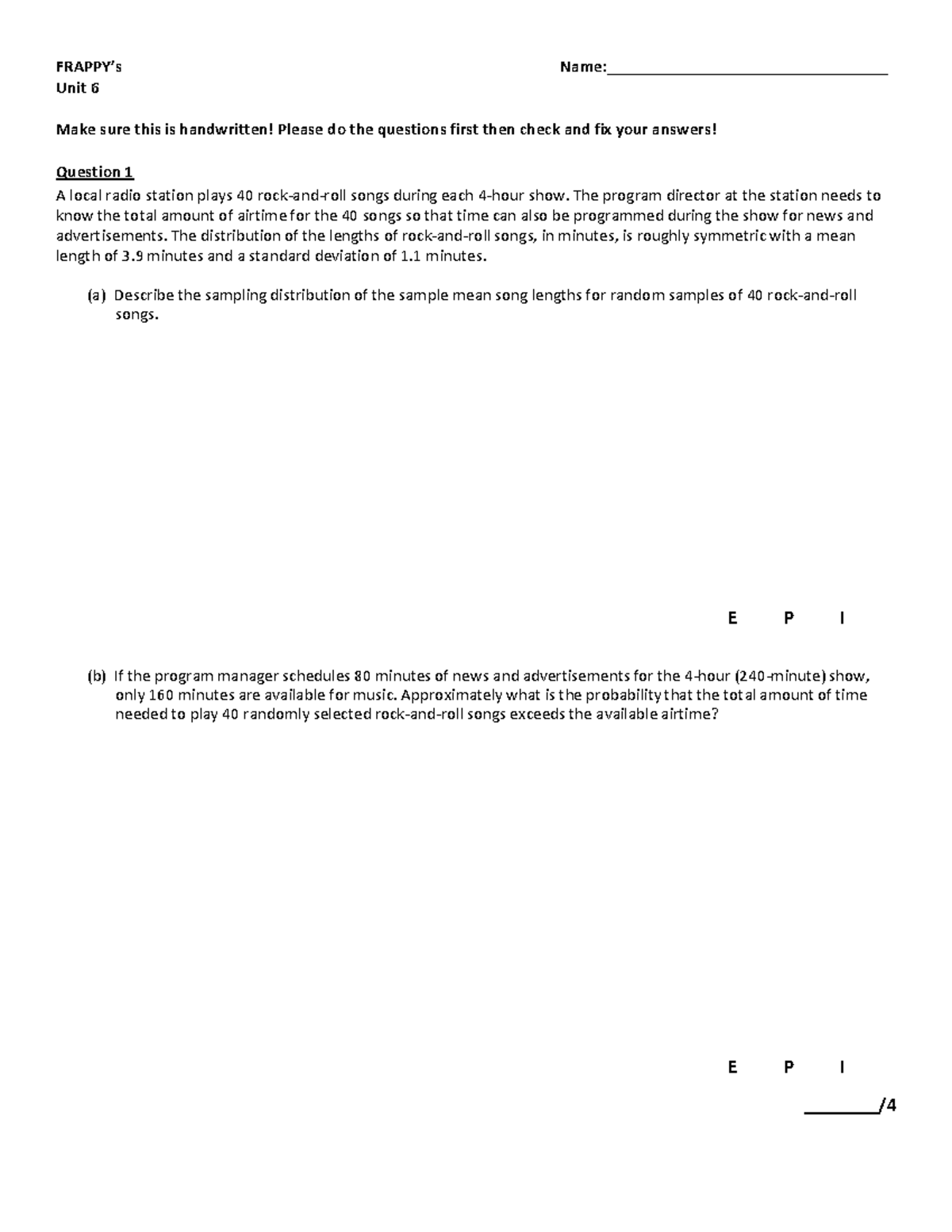 Frappy's Unit 6 Sampling Distributions: Handwritten Questions ...