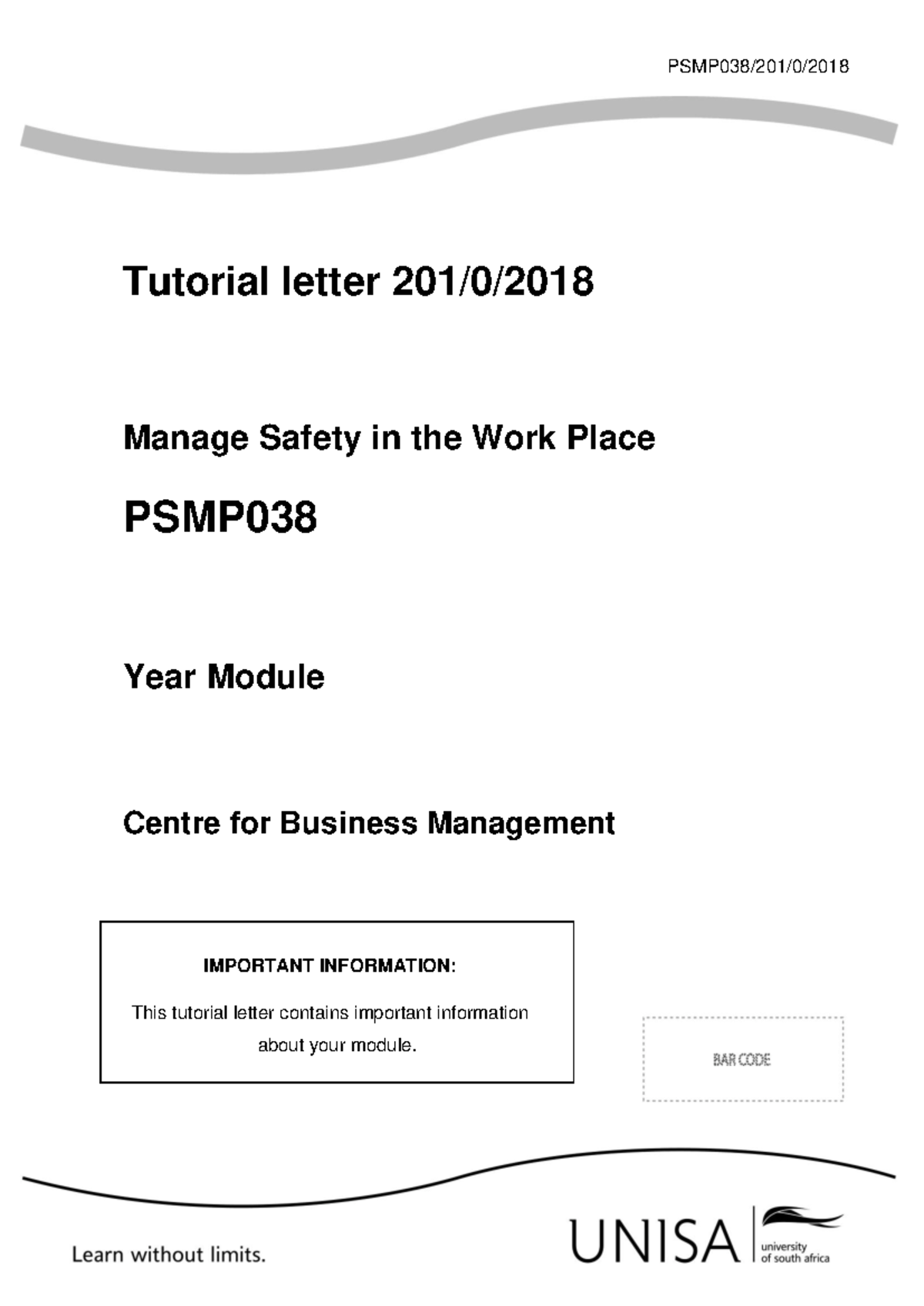 PSMP038 Tutorial Letter 201 - Manage Safety in the Workplace 2018 - Studocu