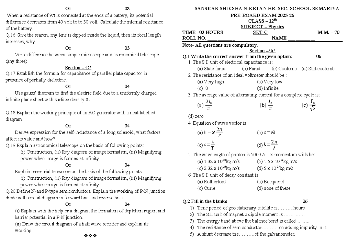 12th E Physics Final Exam SET - III: Key Concepts & Questions - Studocu