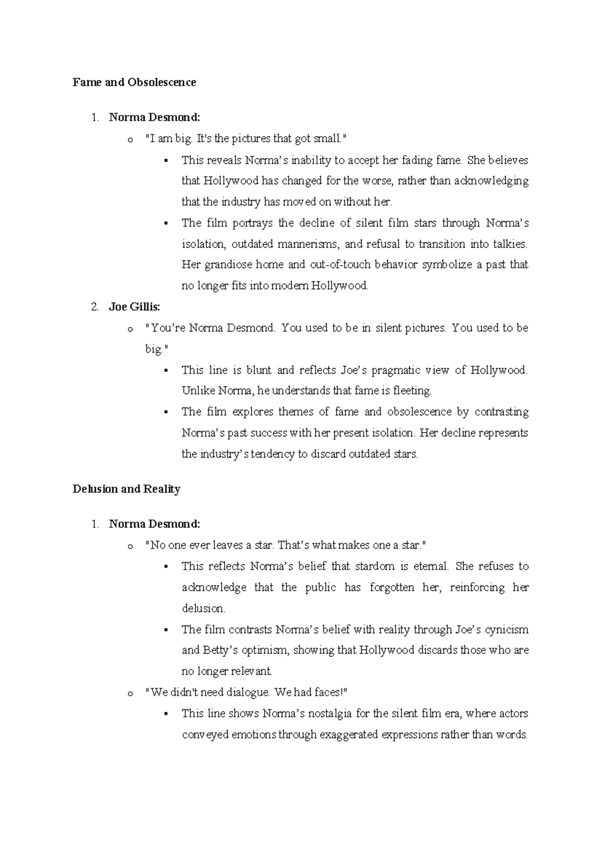 Thematic Analysis of Sunset Boulevard with Quotes - Fame and ...