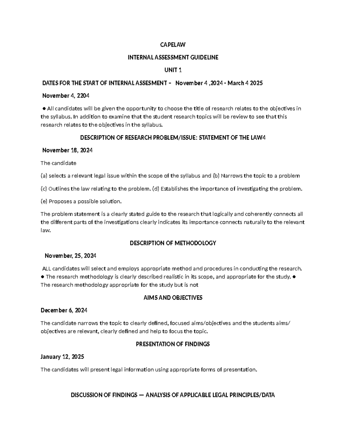 Capelaw Guidelines - Internal Assessment Outline for CAPE Law - Studocu