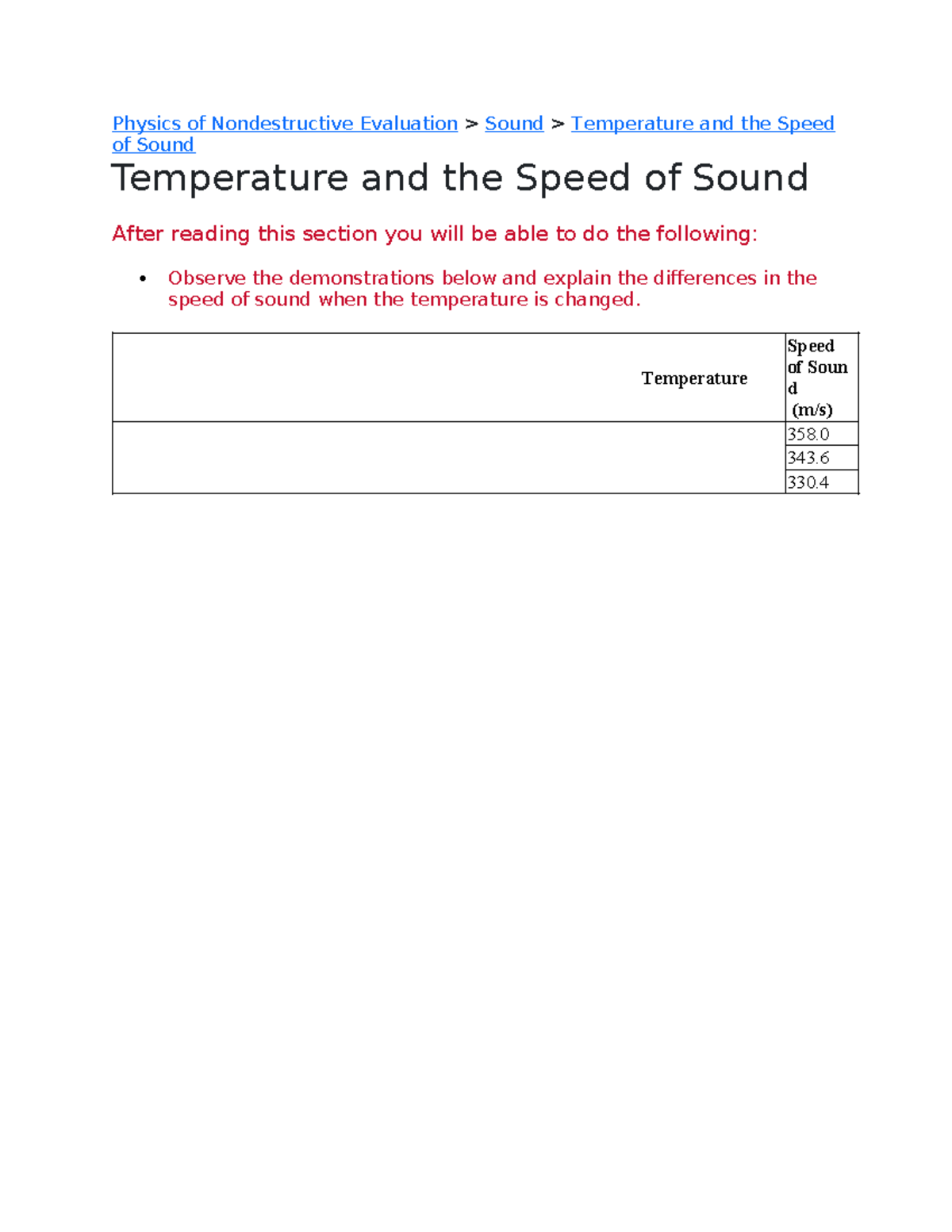 Physics of Nondestructive Evaluation: Sound, Temperature, and Speed of ...