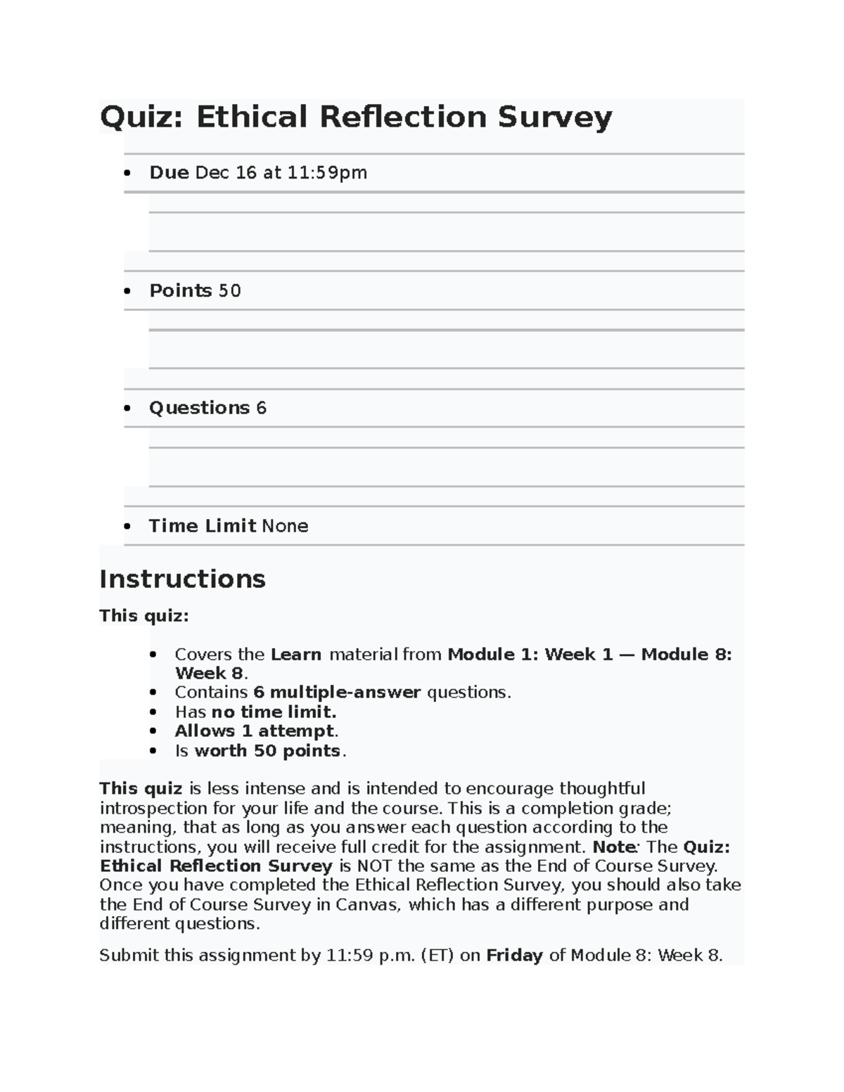 Ethc 101 Ethical Reflection Survey Quiz - Due Dec 16, 50 Points - Studocu