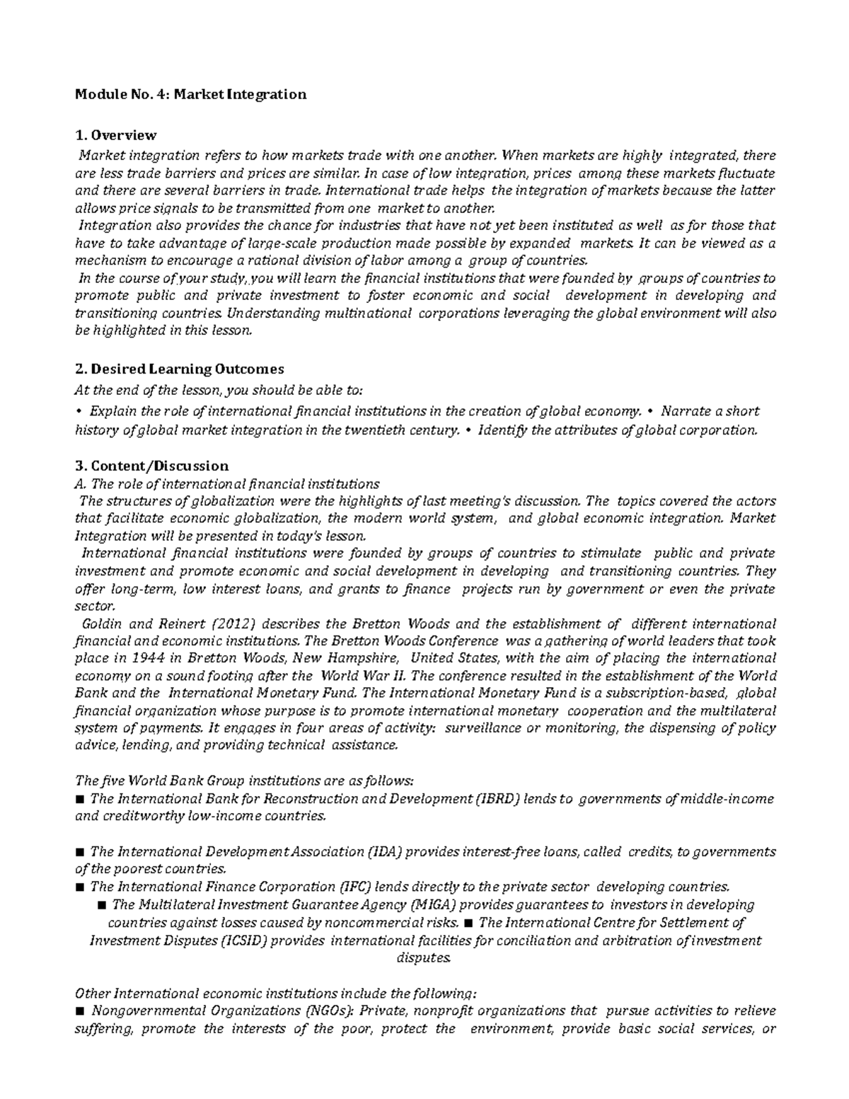 Market Integration - Lecture Notes Module 4: Key Concepts & History ...