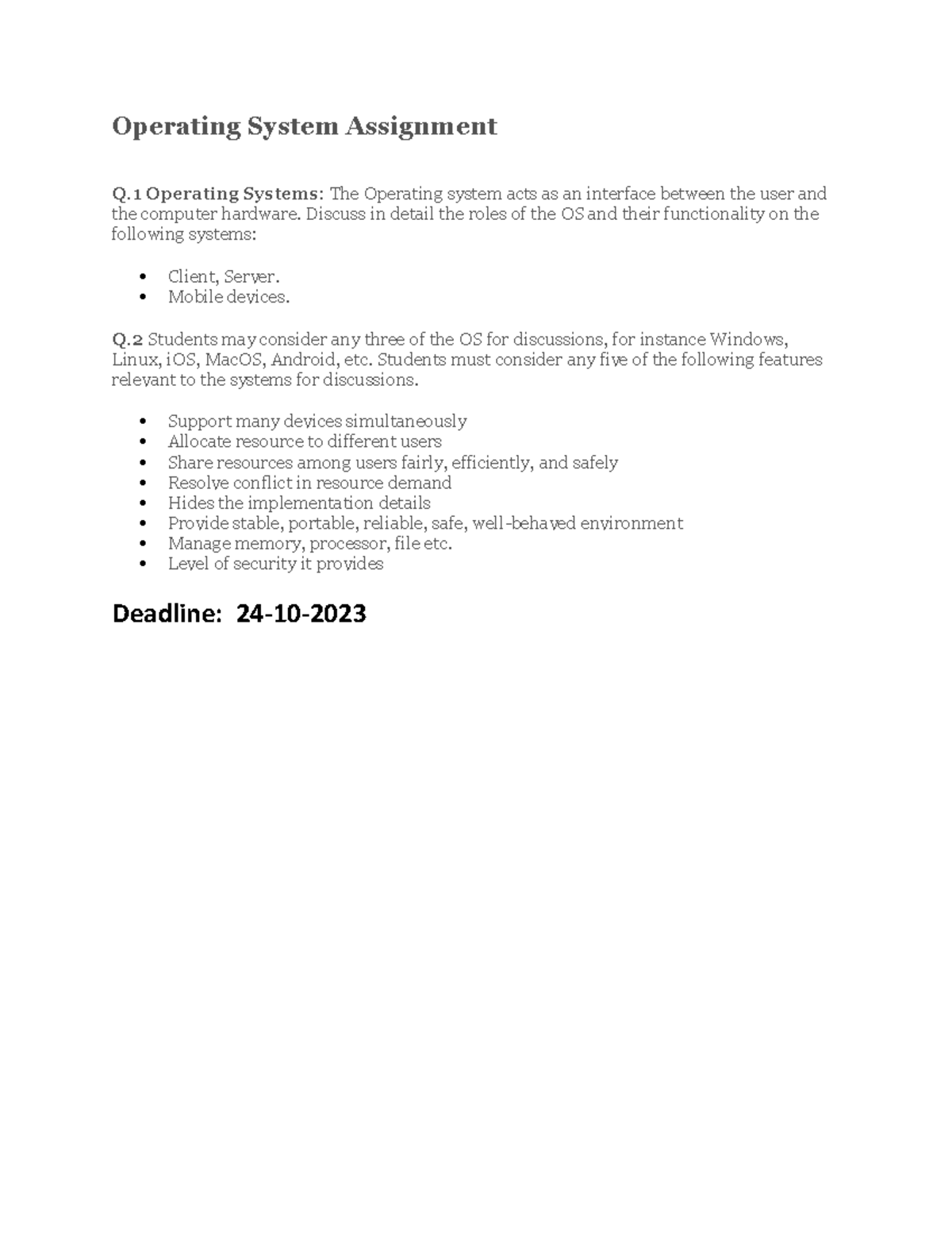 OS Assignment - Roles & Features of Operating Systems in Detail - Studocu