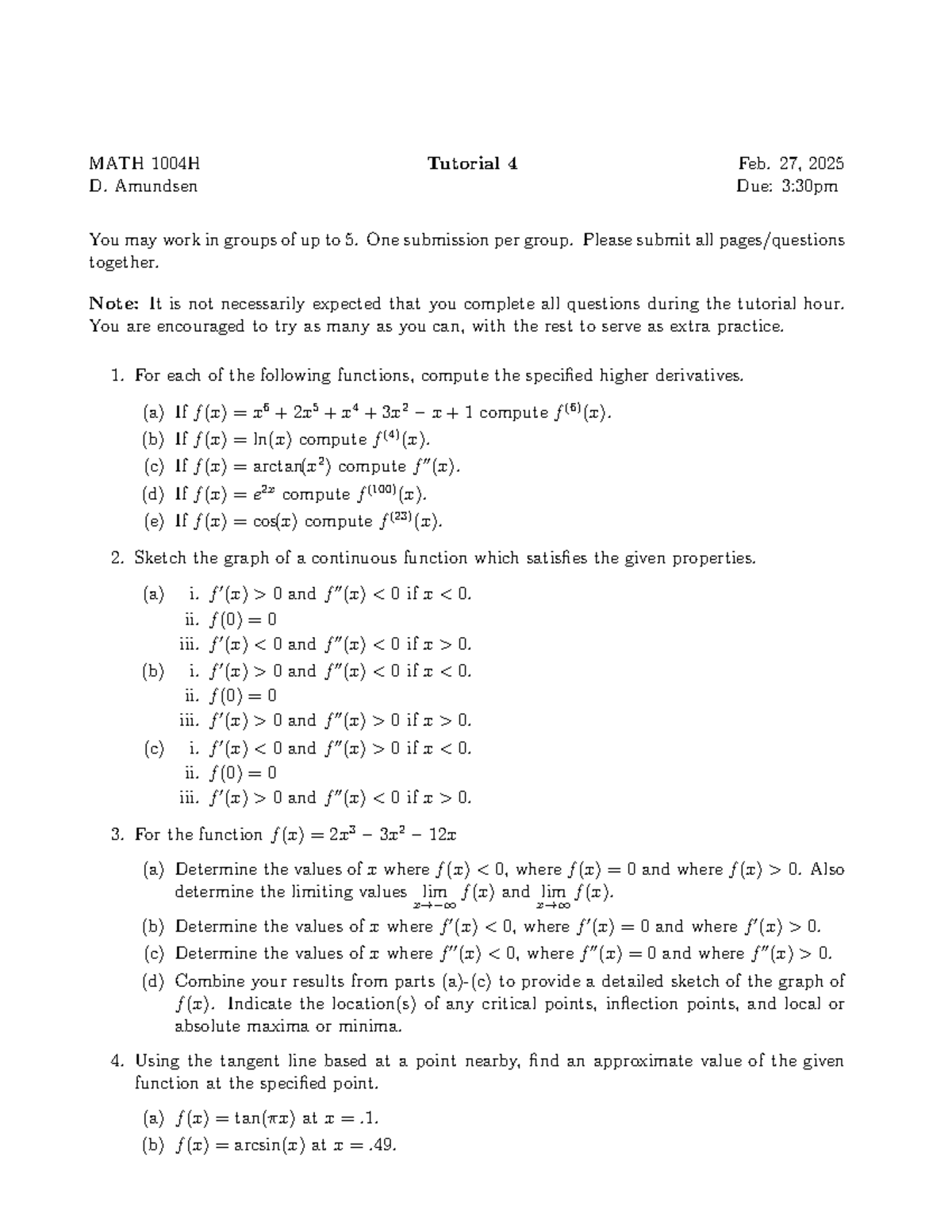 Tutorial 4 (Questions) - MATH 1004H Tutorial 4 Feb. 27, 2025 D ...