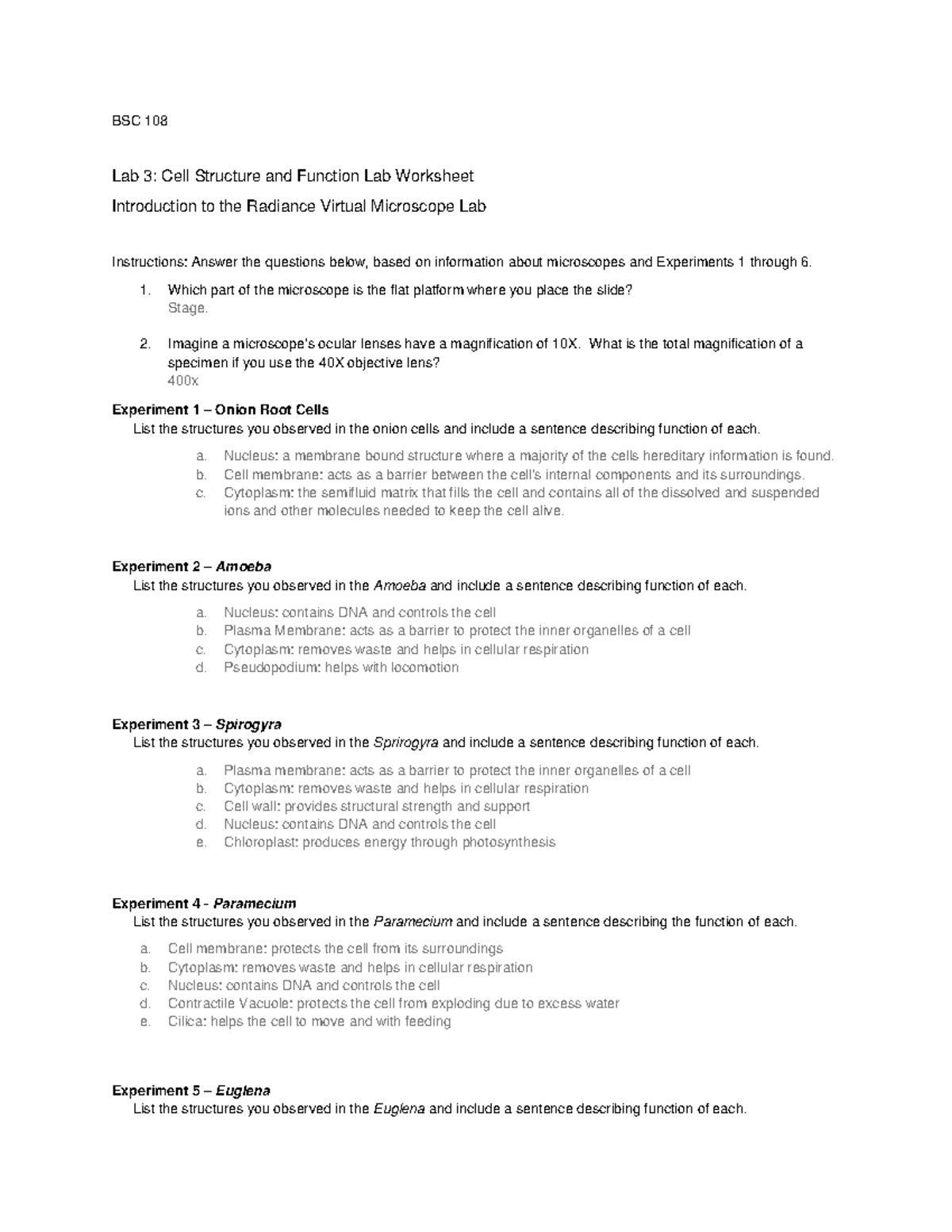 Module 3 Cell Structure and Function Lab - BSC 108 Lab 3: Cell ...