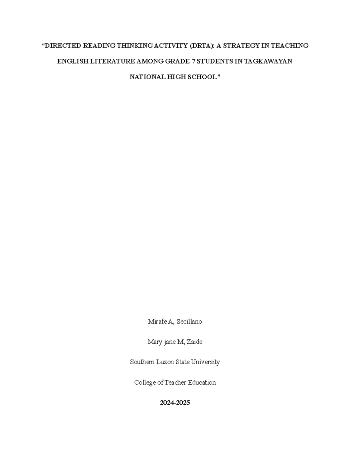 Directed Reading Thinking Activity (DRTA): Teaching Strategy for Grade ...