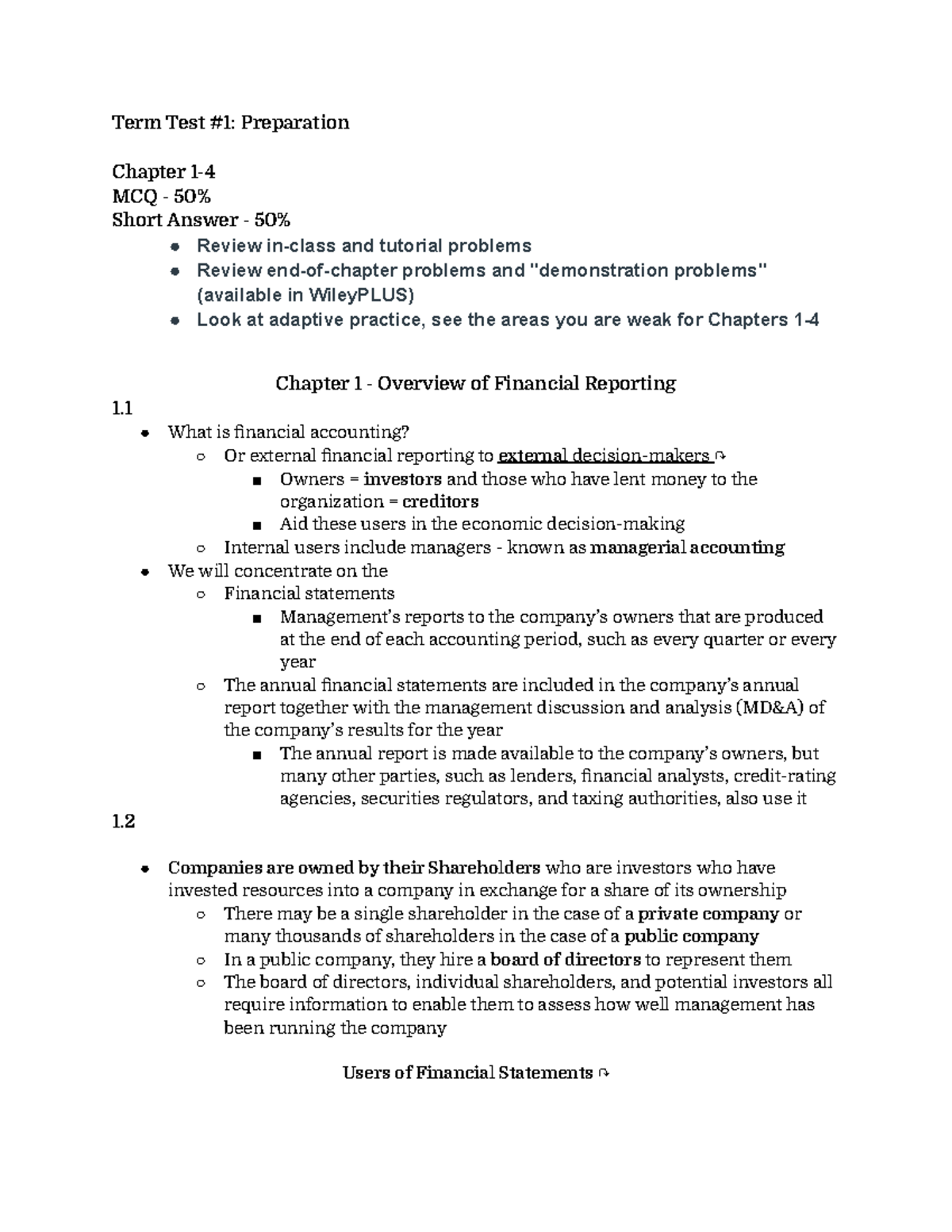 Intro to Accounting Notes for Term Test #1 Chapters 1 to 4 - Term Test ...