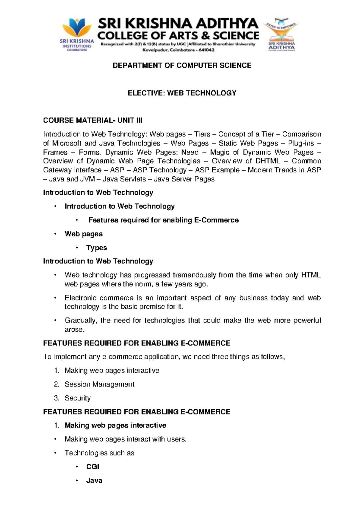 Unit III: Introduction to Web Technology and Dynamic Web Pages - CS ...
