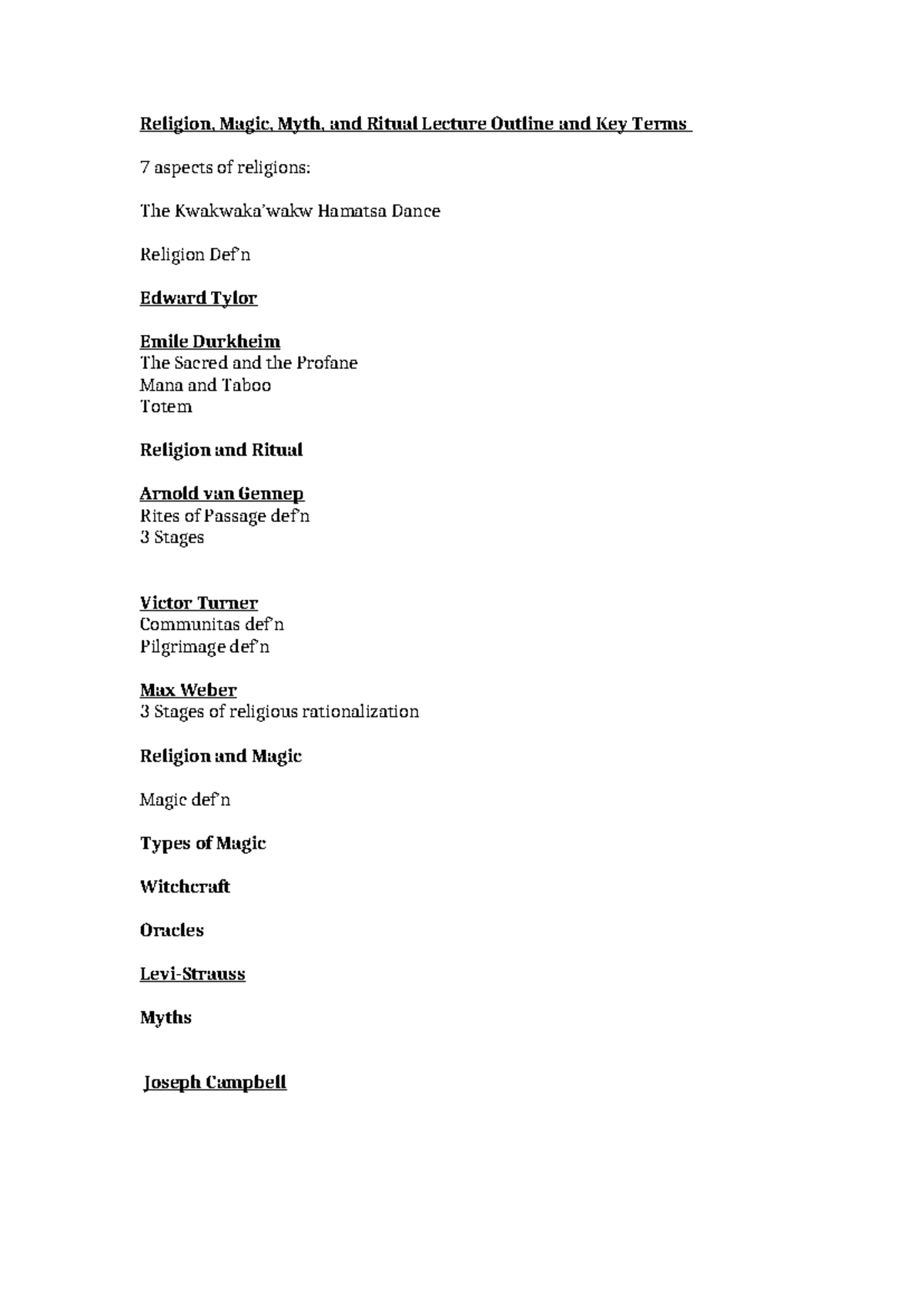 Religion, Magic, and Rituals Lecture Outline and Key Terms - Studocu
