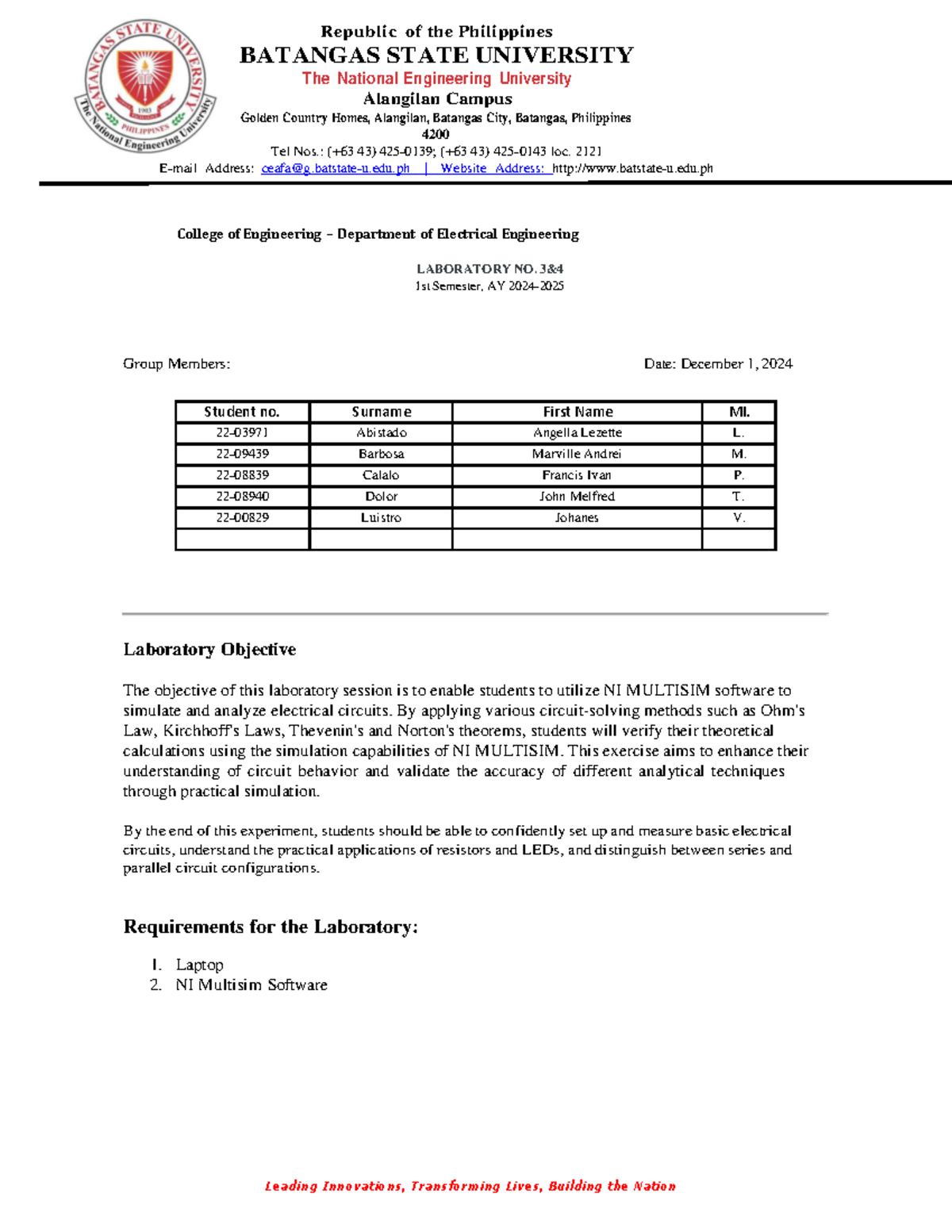 Laboratory 1: Circuit Simulation Using NI Multisim (EE 1st Sem) - Studocu