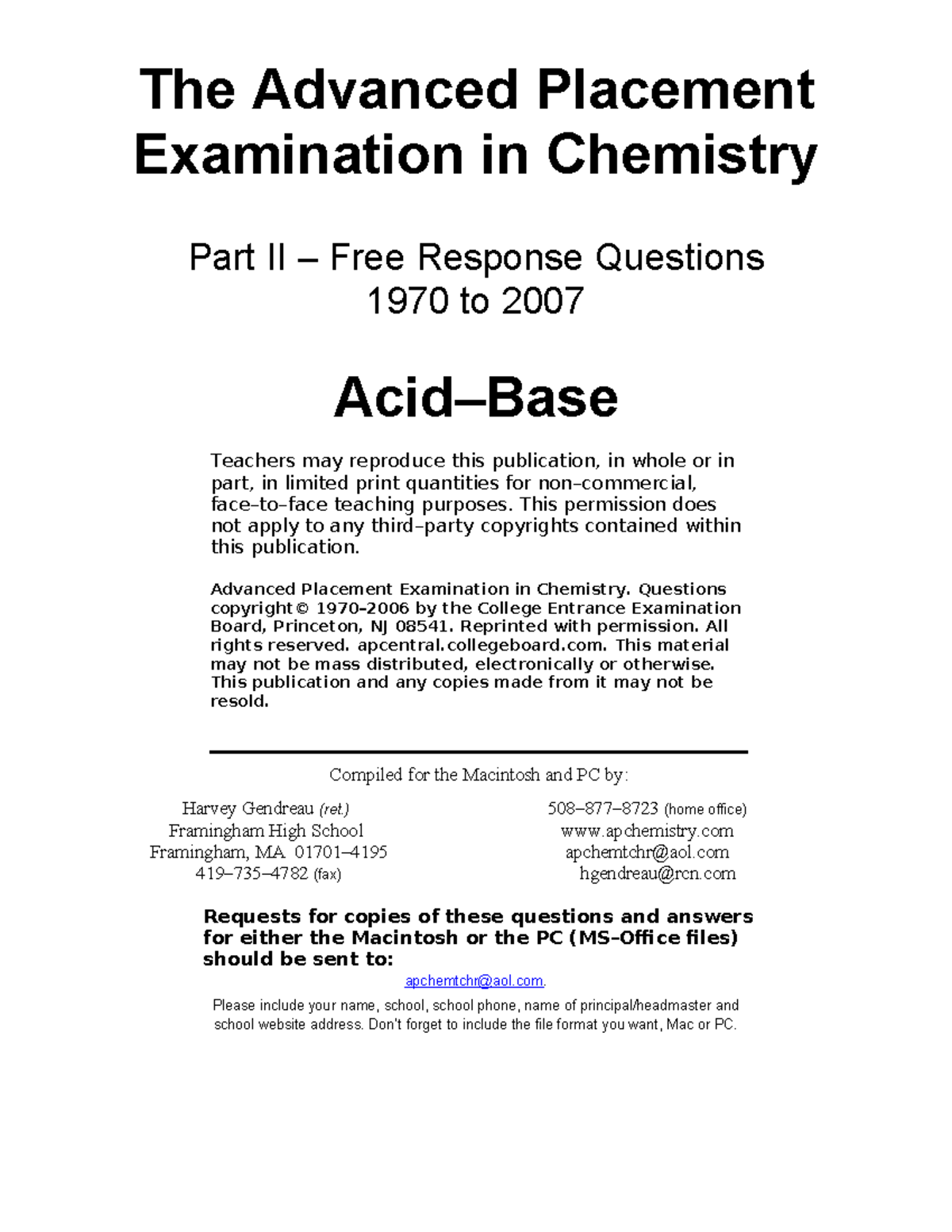 AP Chemistry ACID BASE Questions: Free Response 1970-2003 - Studocu
