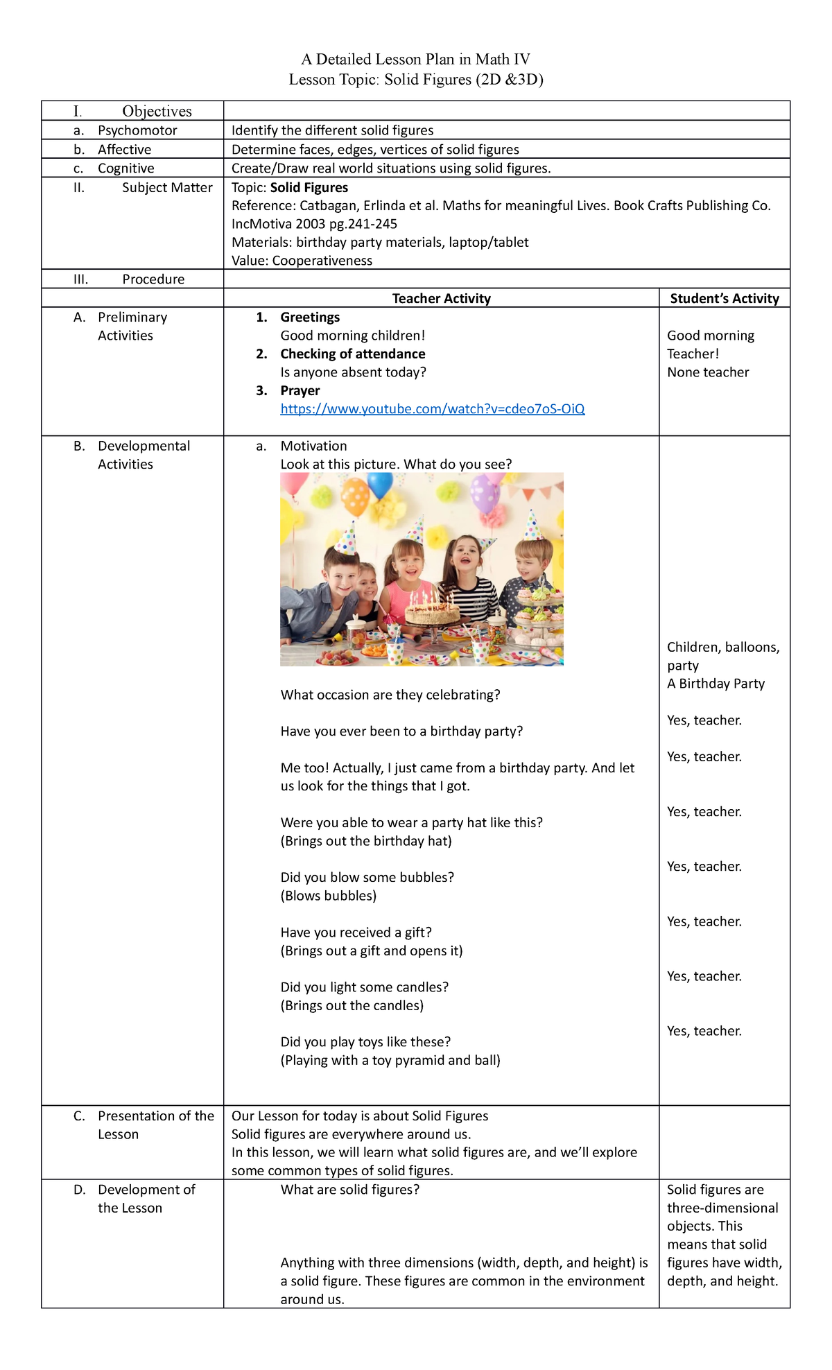 Lesson Plan for Solid Figures - A Detailed Lesson Plan in Math IV Lesson Topic: Solid Figures ...