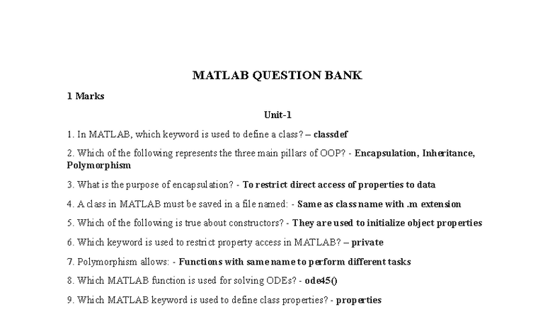 MATLAB Question Bank for OOP & Image Processing (251014) - Studocu