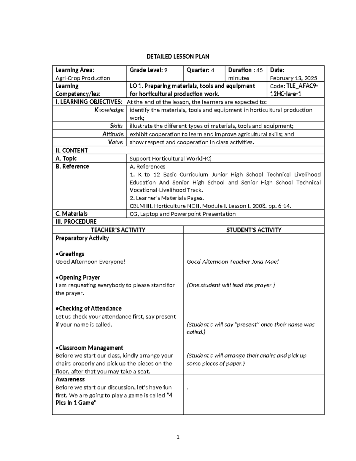Agri-Crop 9 - Detailed Lesson Plan on Horticultural Equipment - Studocu