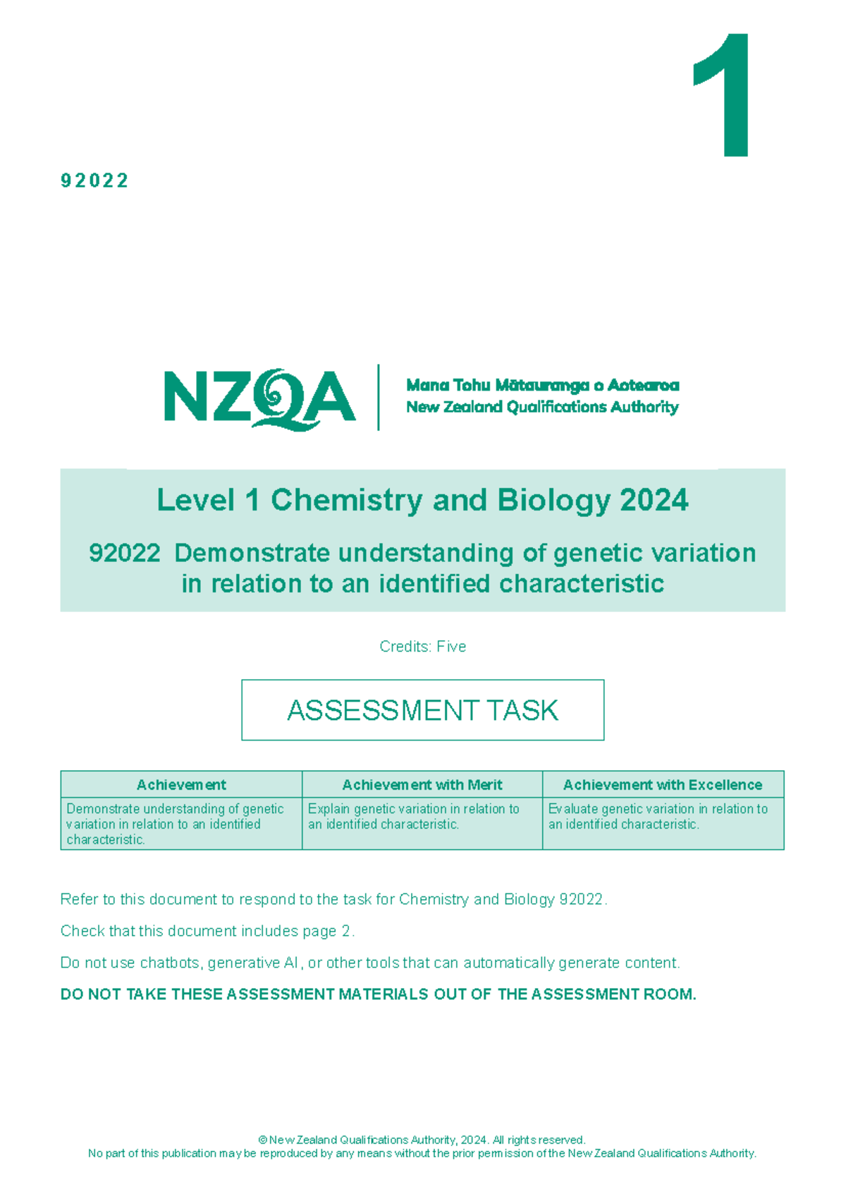 92022 Level 1 Chemistry & Biology: Genetic Variation Assessment - Studocu