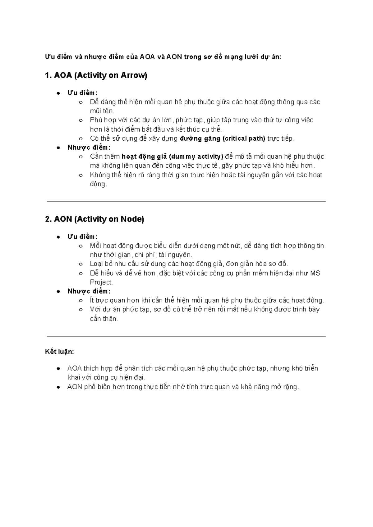 Phân Tích AOA và AON trong QLDA: Ưu Nhược Điểm và Ứng Dụng - Studocu