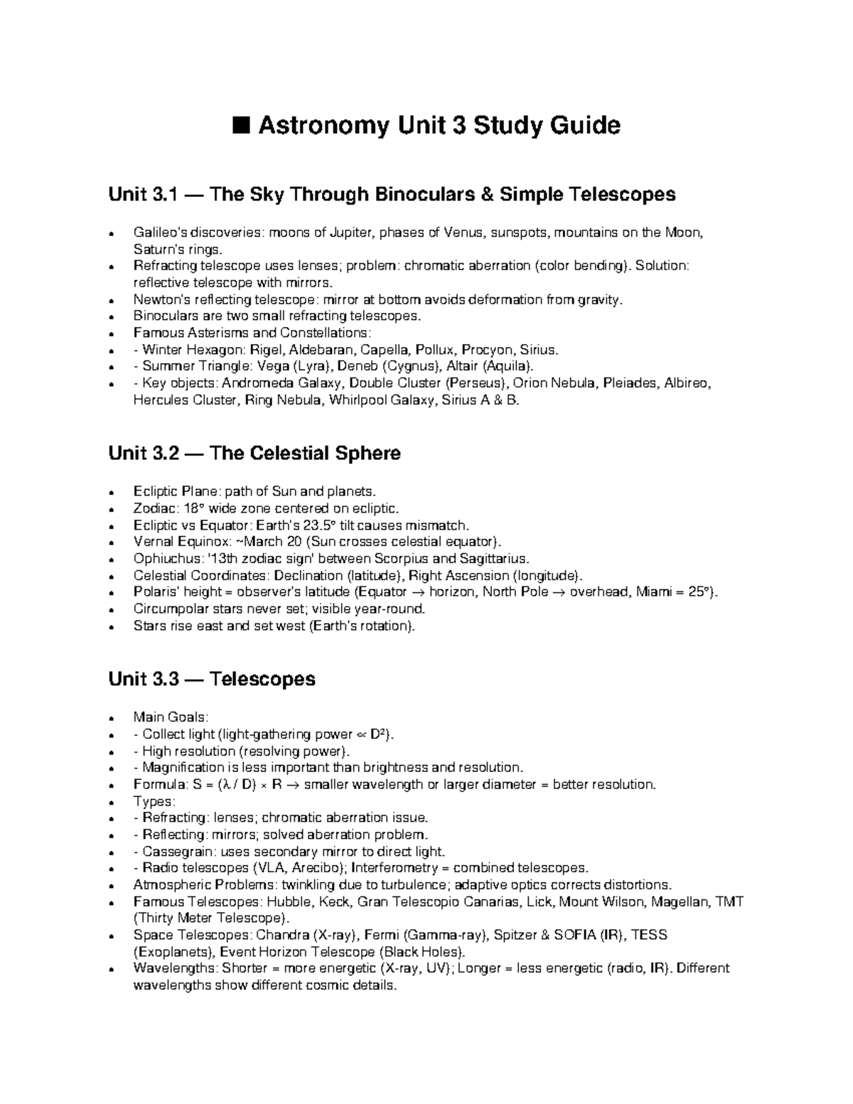 Astronomy Unit 3 Study Guide: Telescopes, Celestial Sphere & Binoculars - Studocu