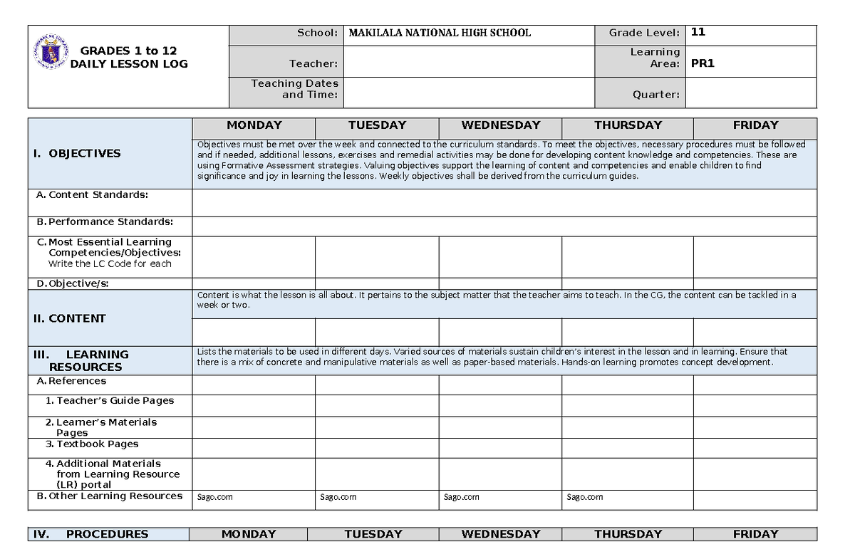 Daily Lesson Log for Grade 11 - MAKILALA NATIONAL HIGH SCHOOL - Studocu