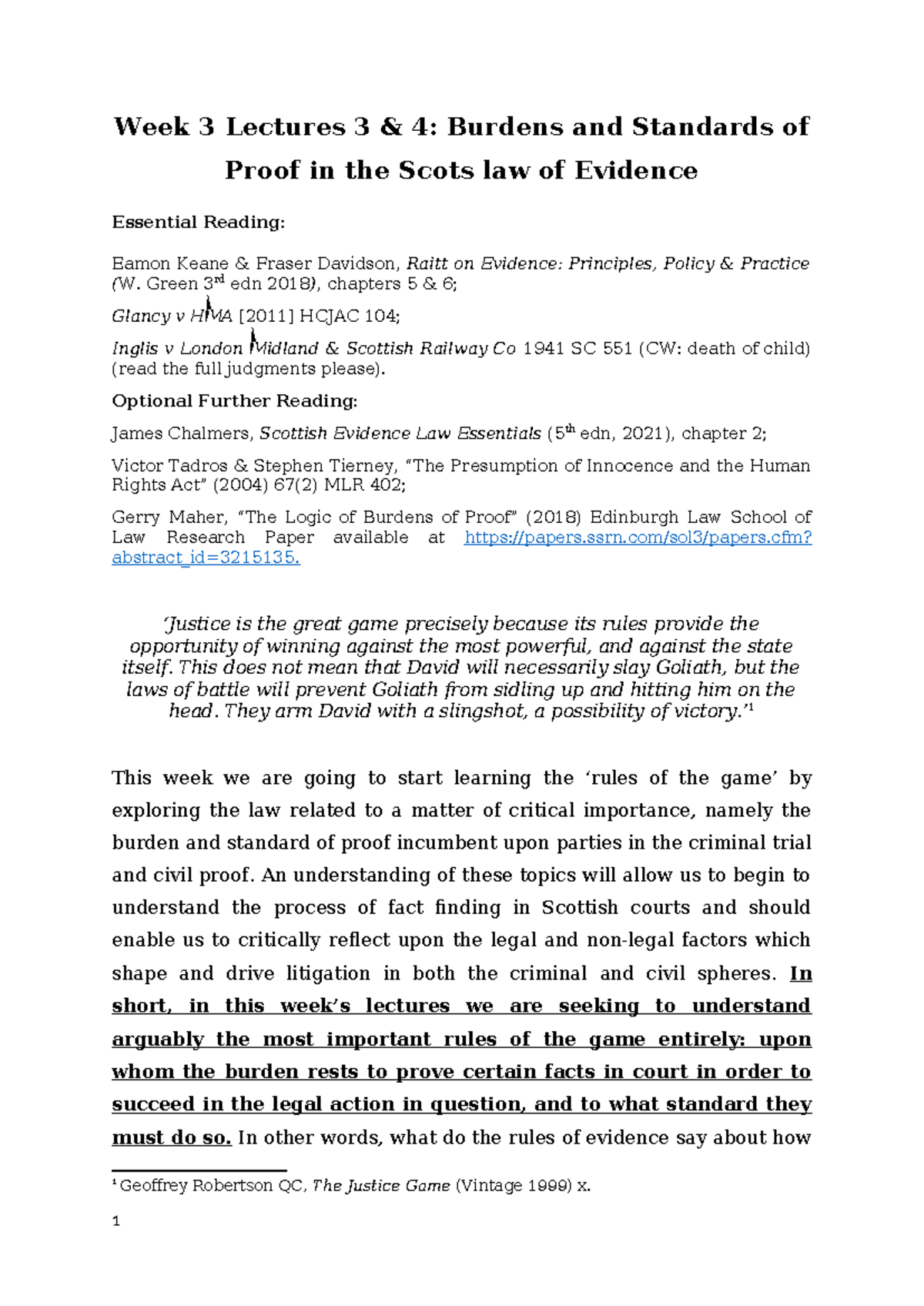 Lecture Guide - Week 3: Burdens & Standards of Proof in Scots Law - Studocu