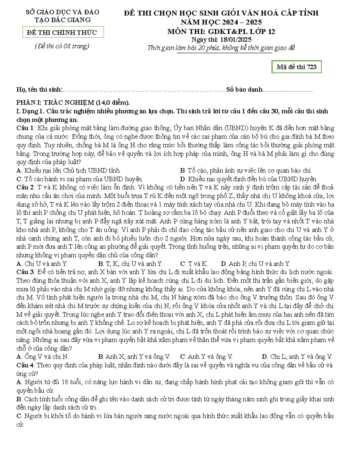 ĐỀ THI & ĐÁP ÁN HSG KTPL 12 NĂM 2025 TỈNH BẮC GIANG - Studocu