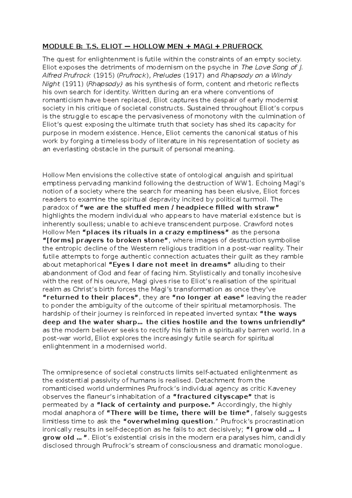 Module B: T.S. Eliot - Essay on Modernism & Spirituality Analysis - Studocu