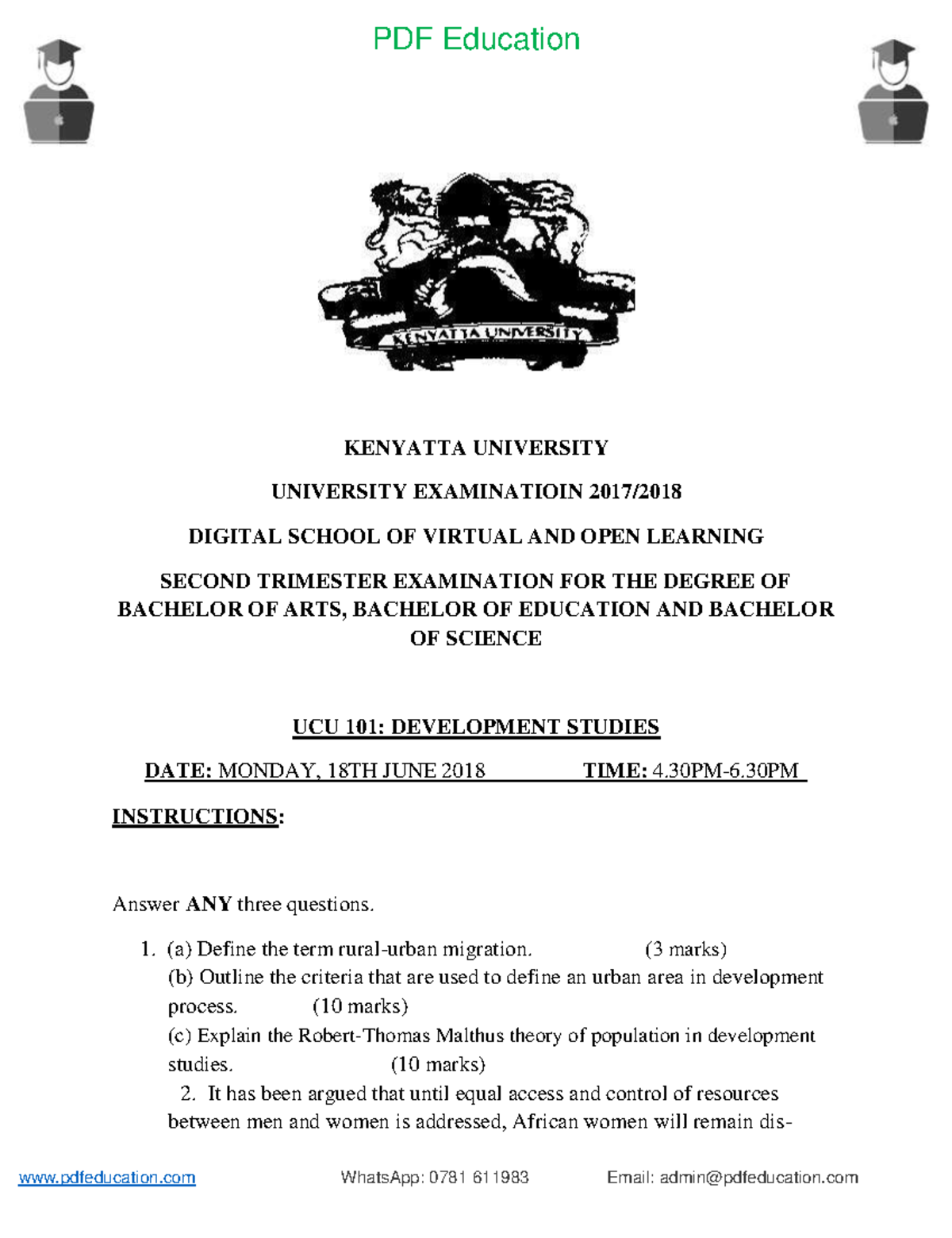 UCU 101 Development Studies Past Exam Paper - 18th June 2018 - Studocu