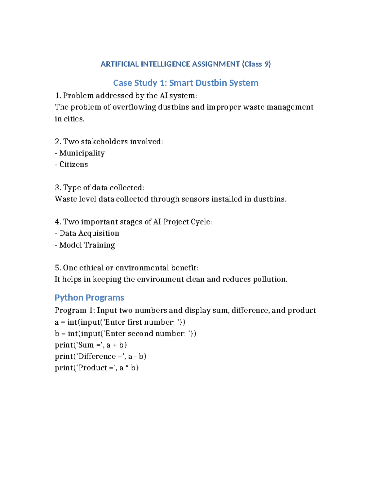 Class 9 AI Assignment: Case Study on Smart Dustbin System - Studocu