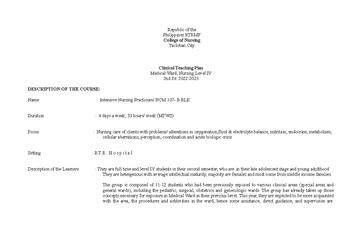 NCM 107-B Clinical Teaching Plan for Medical Ward: Intensive Nursing ...
