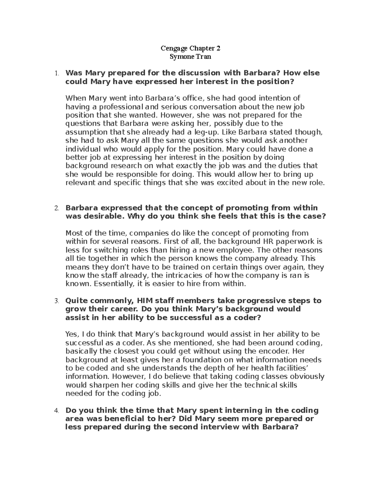 Cengage Chapter 2 Review: Analyzing Mary's Interview Preparedness - Studocu