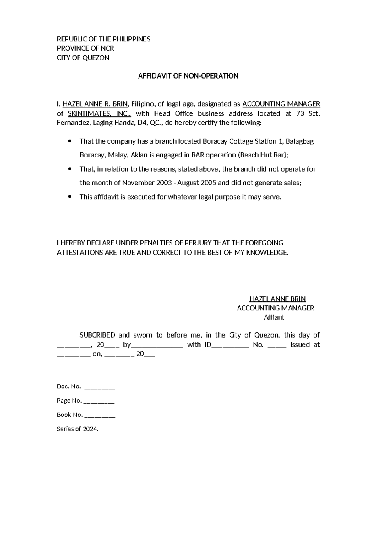 Affidavit of Non-Operation for Skintimates, Inc. (2024) - Studocu